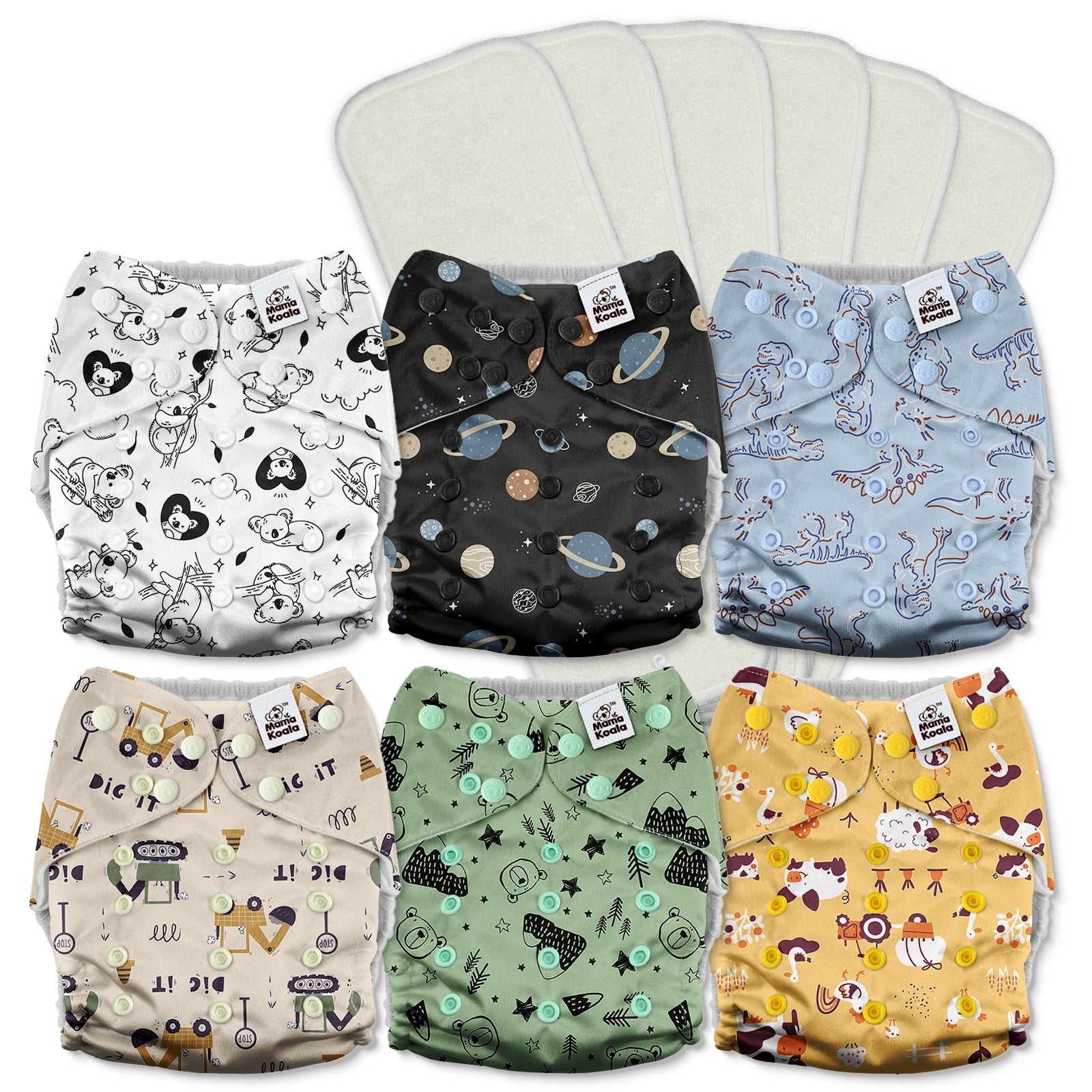 POCKET DIAPER 3.0 WITH INSERTS - 6 PACK(A-Dinosaurs and Farm) – Mama Koala