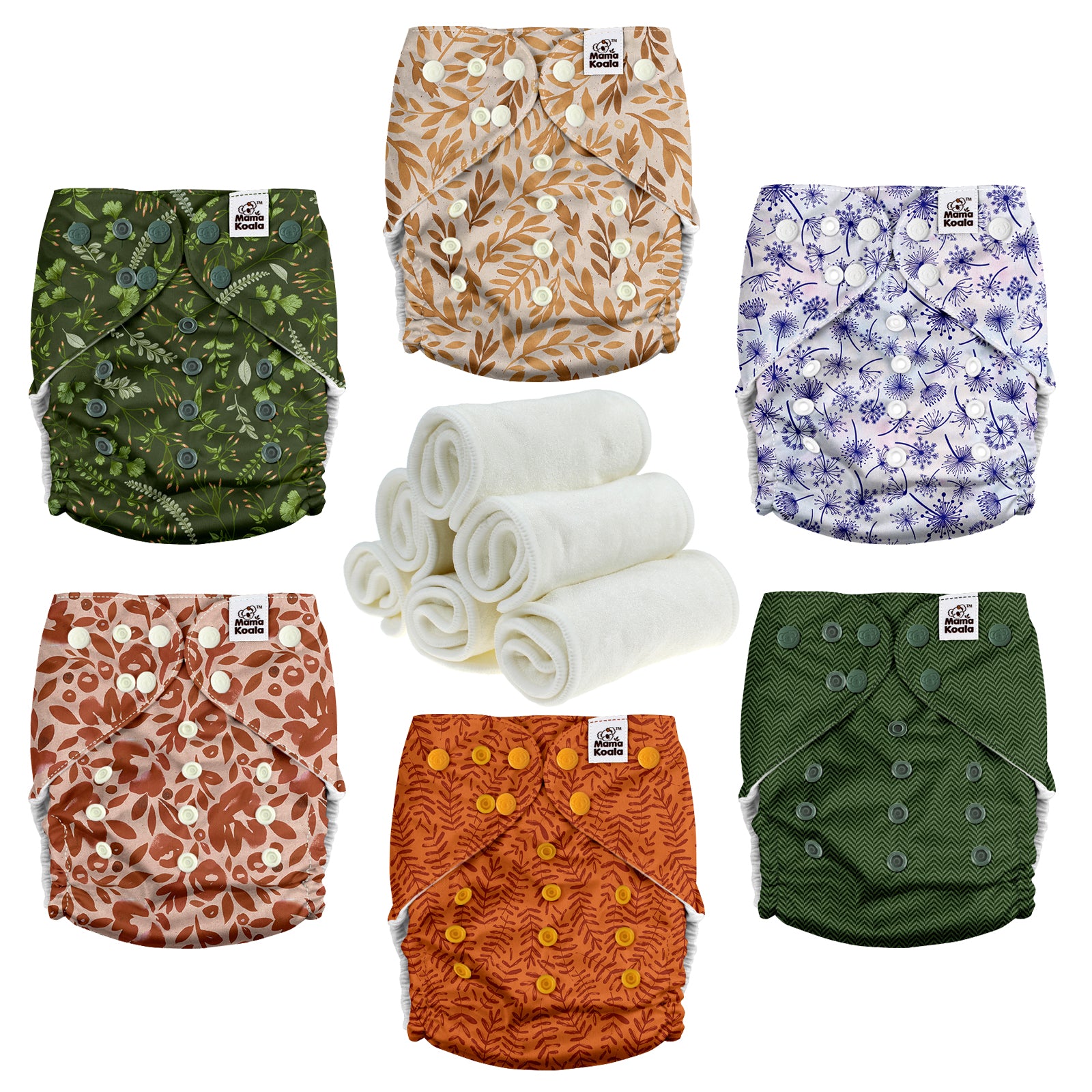 POCKET DIAPER 3.0 WITH INSERTS - 6 PACK(Neutral Leaves-Suede Cloth Lin ...